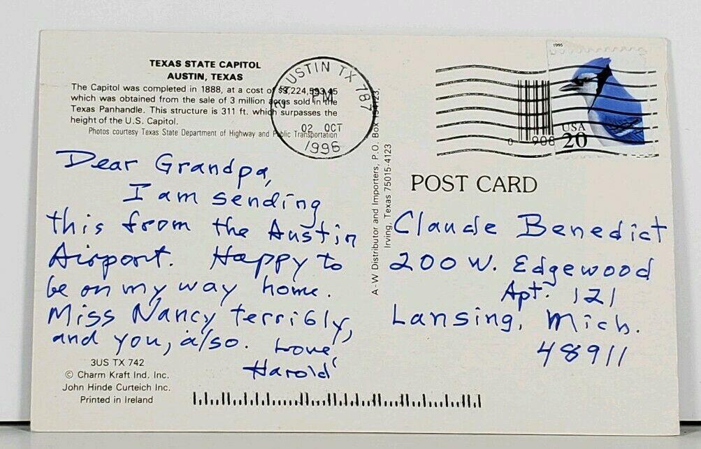 Texas State Capitol Vignette 1996 to Claude Benedict Lansing Mich ...