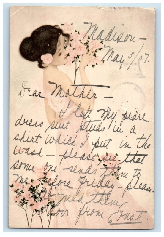 1907 Beautiful Girl Pink Flowers Art Nouveau Madison Wisconsin WI ...