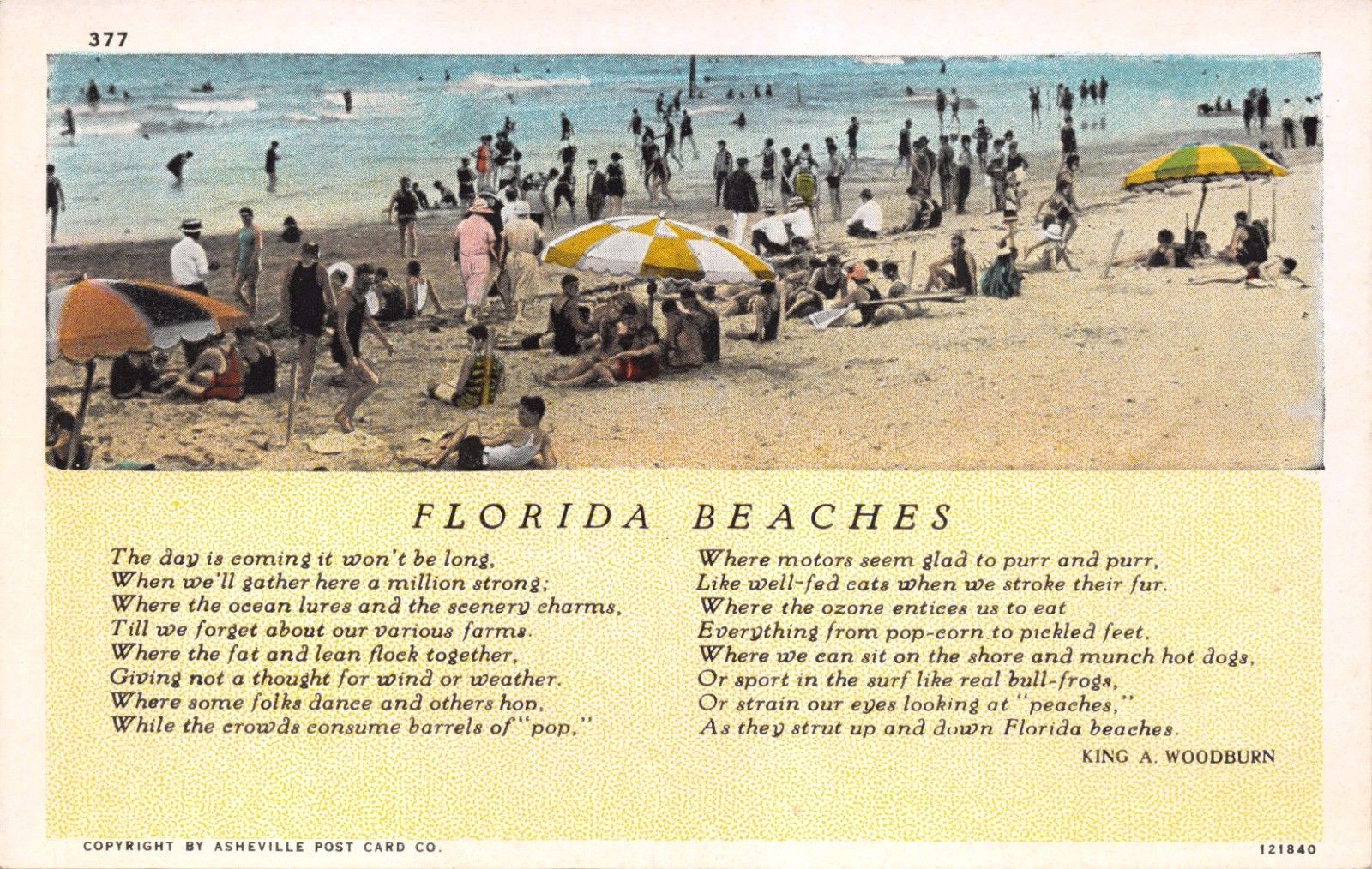 Florida Beaches~Poem by King a Woodburn~Beach Scene Postcard 1920s ...