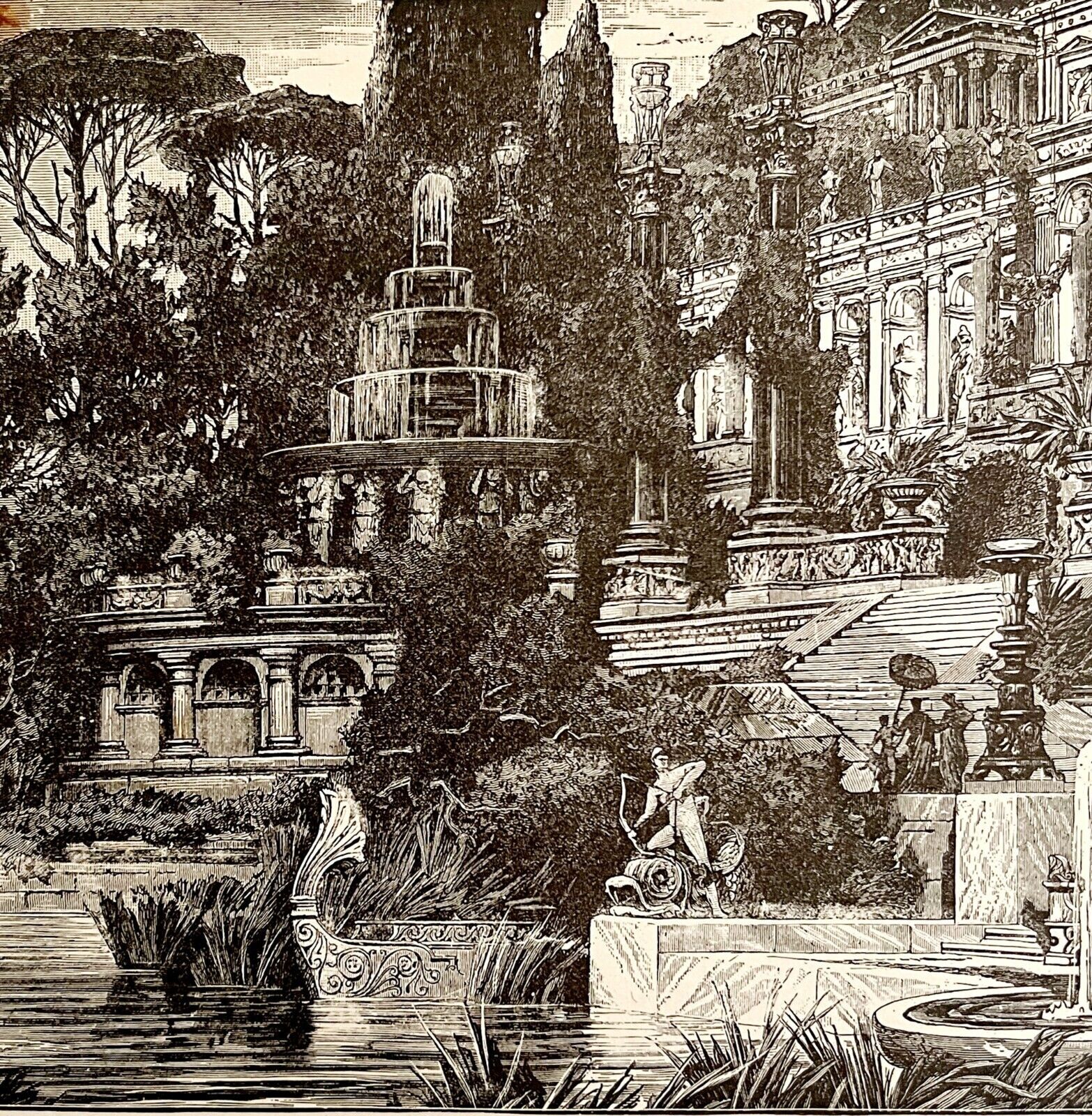 The Ducal Palace With Enormous Water Fountain 1888 Victorian Antique ...