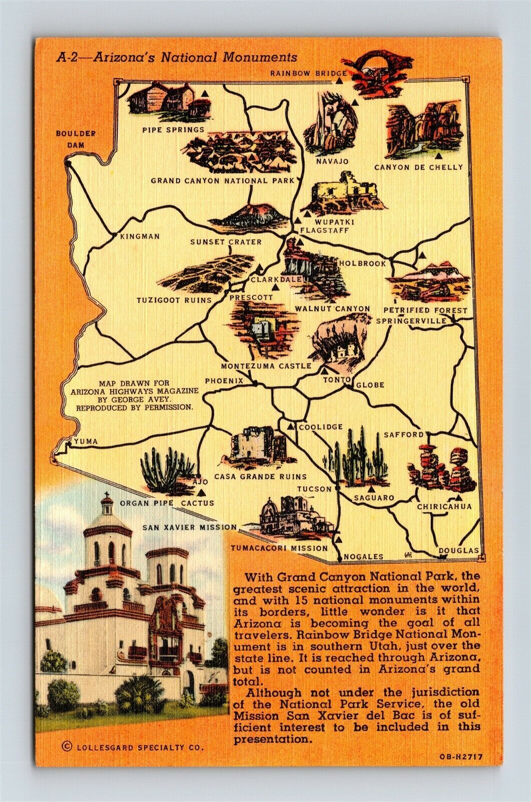 Postcard AZ Arizona State Map Showing National Monuments c1940s B45 ...