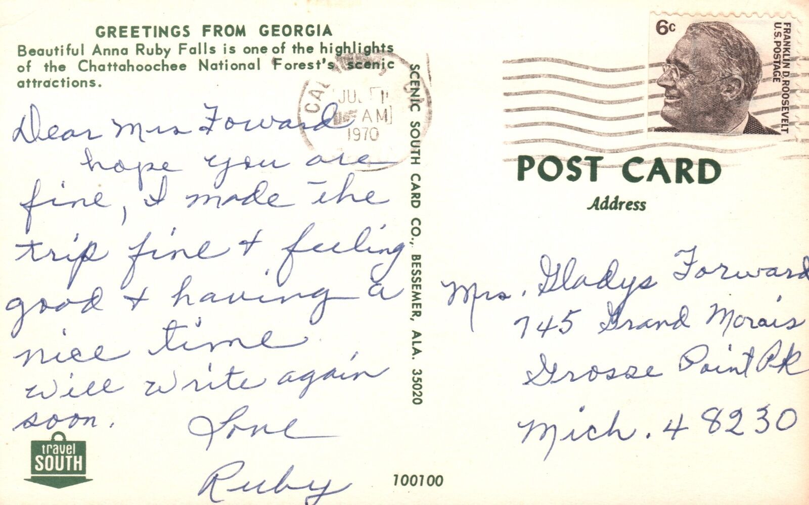 Vintage Postcard 1970's Greetings From Georgia Anna Ruby Falls Scenic ...