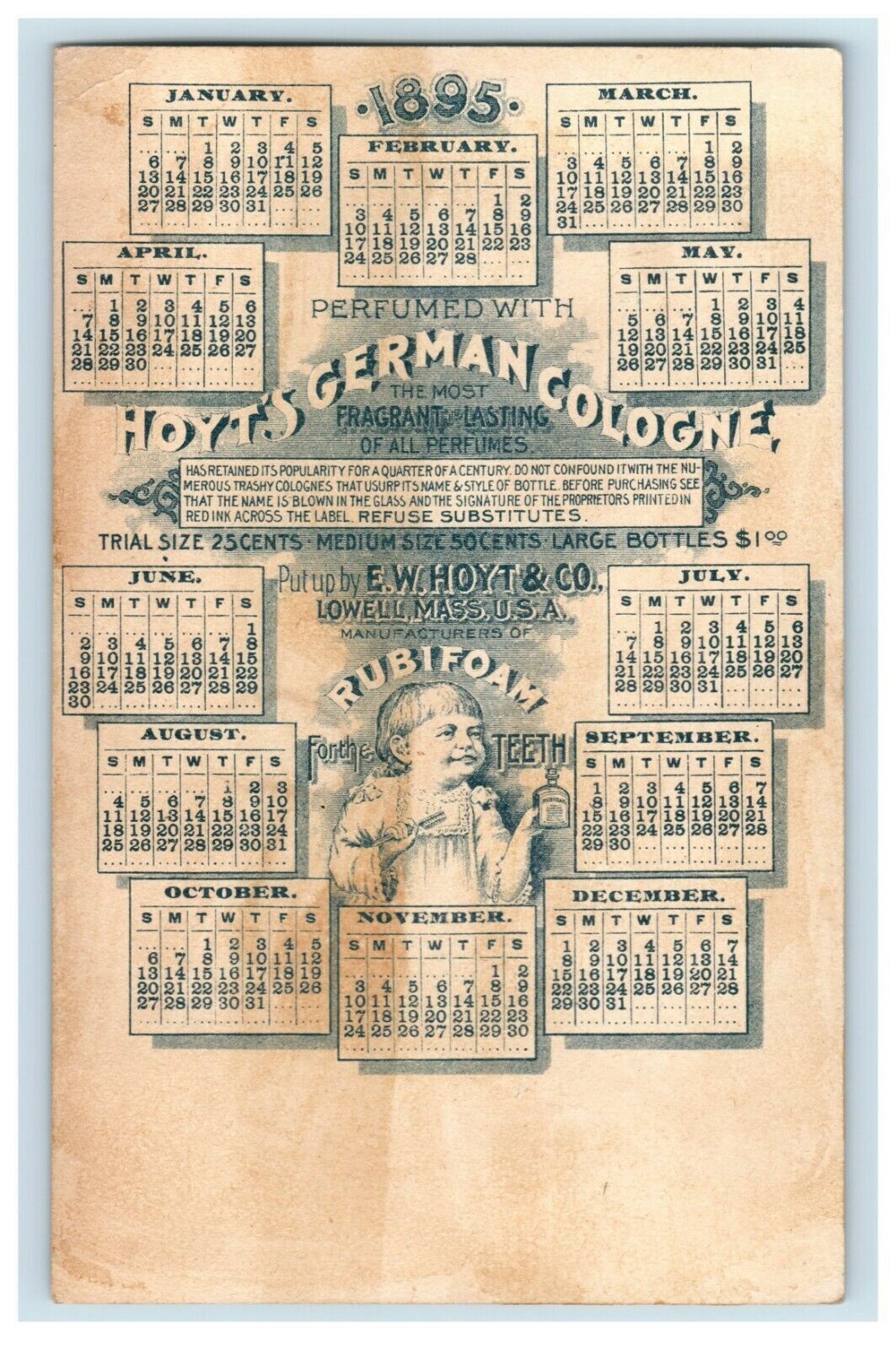 1895 Calendar Hoyt's German Cologne Rubifoam For Teeth Boys & Toy ...