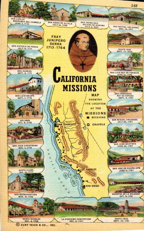 Pictorial Map of California's Missions and Chapels Linen Postcard ...