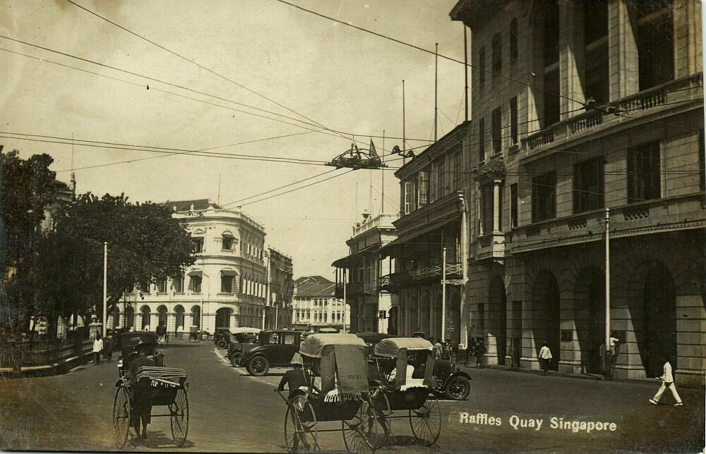 singapore, Raffles Quay, Rickshaw, Car (1920s) RPPC Postcard | Asia ...