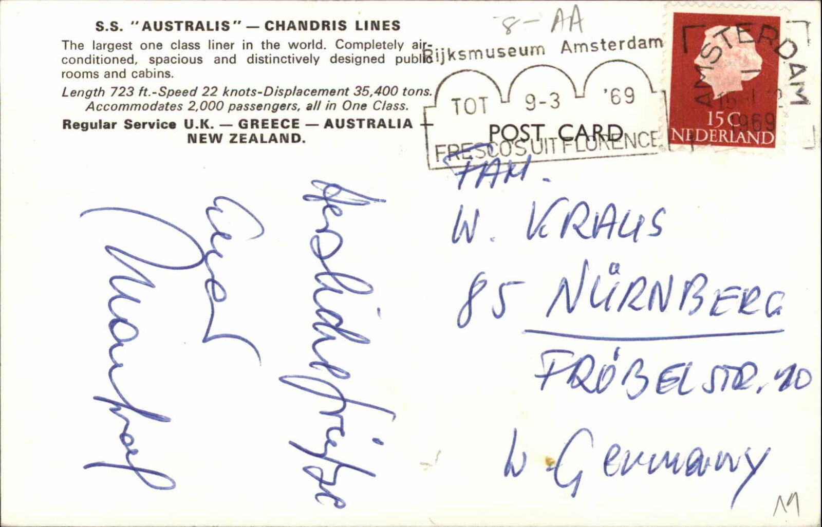 Steamship Ship SS AUSTRALIS Cruise Passenger Message c1950s-60s ...