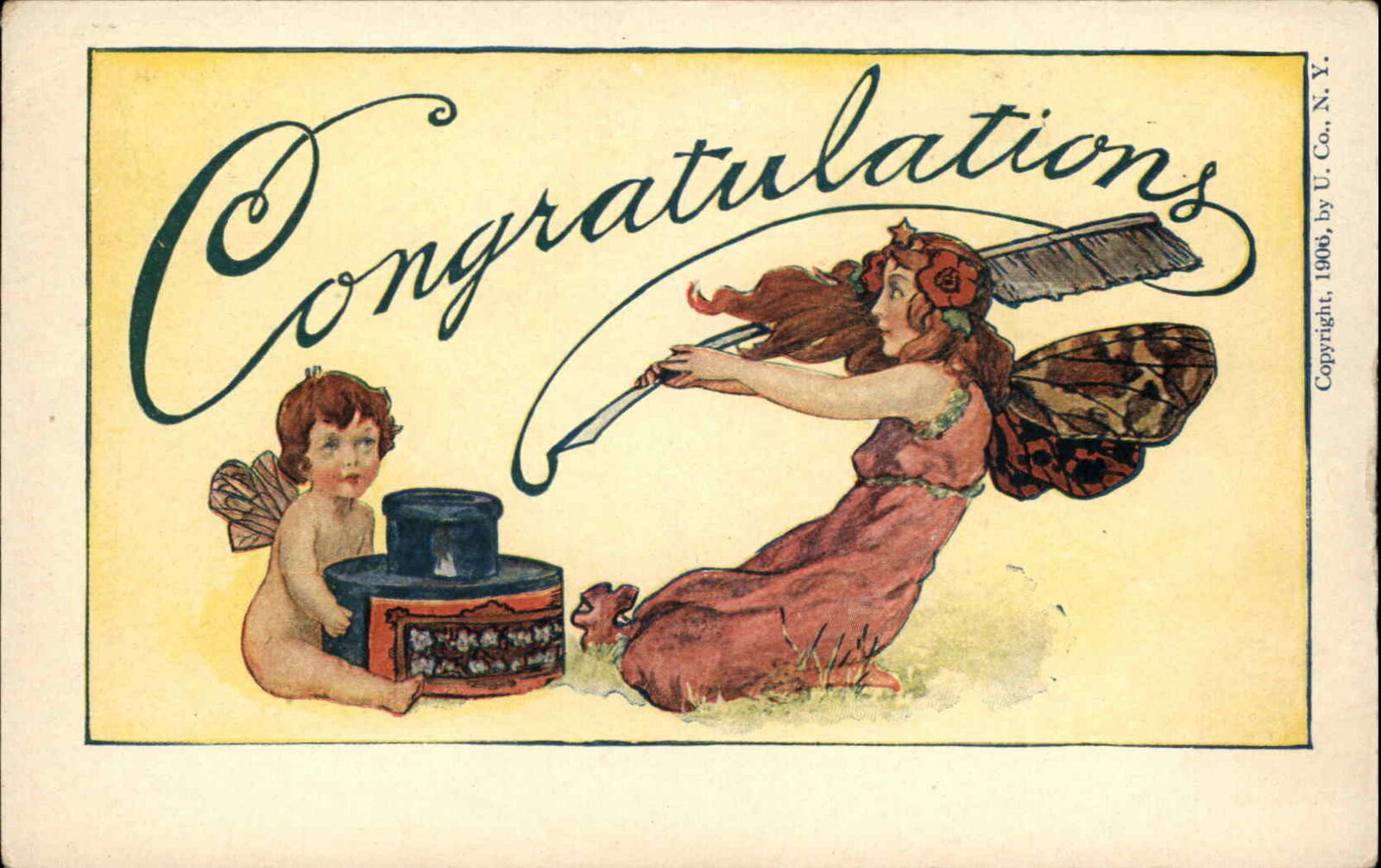 Congratulations Fantasy Cherub Cupid Fairy with Giant Quill Pen c1910 ...
