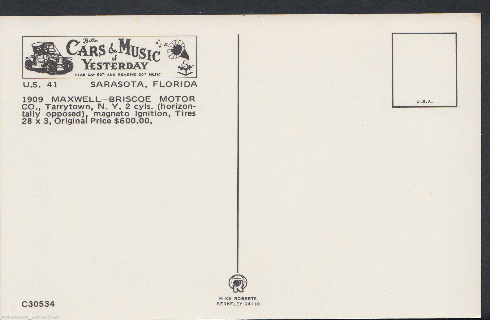 Vintage Cars Postcard - 1909 Maxwell-Briscoe - Cars & Music of ...