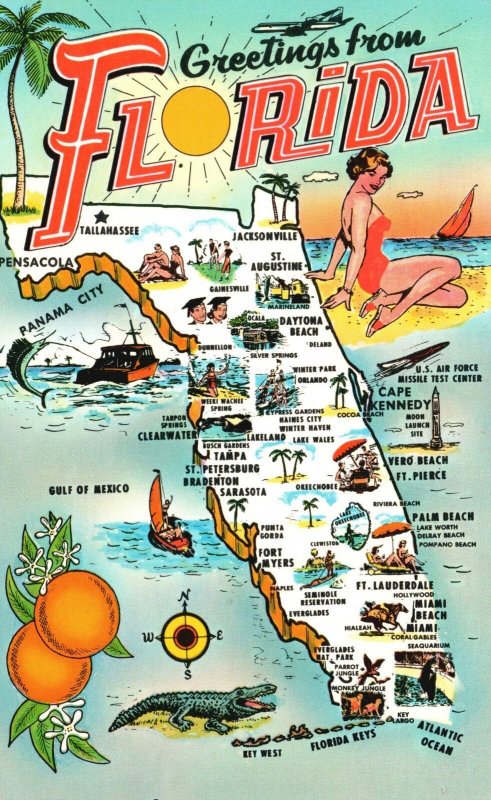 Vintage Postcard Greetings From Florida Map Orange Blossom Beautiful ...