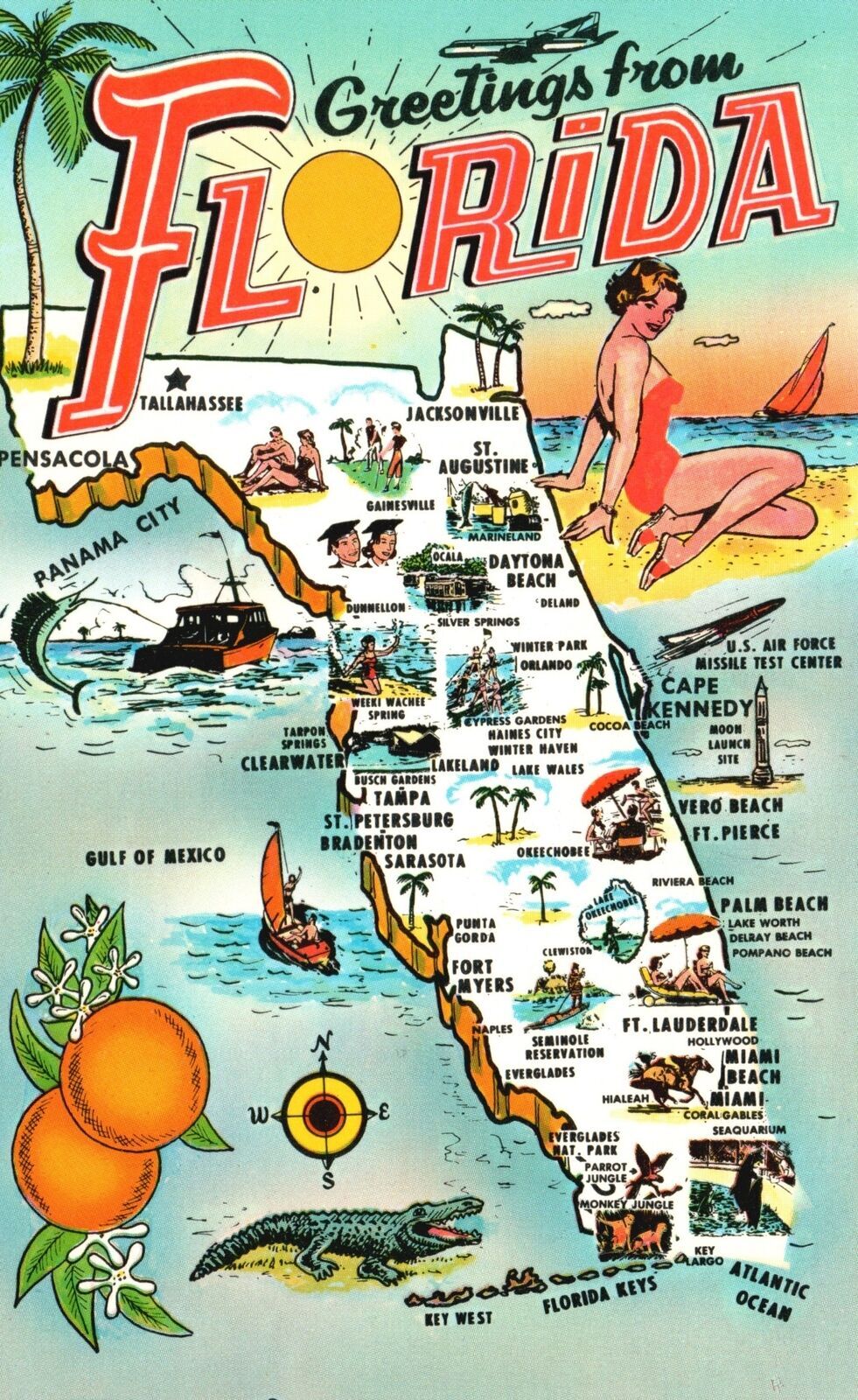 Vintage Postcard Greetings From Florida Map Orange Blossom Beautiful ...
