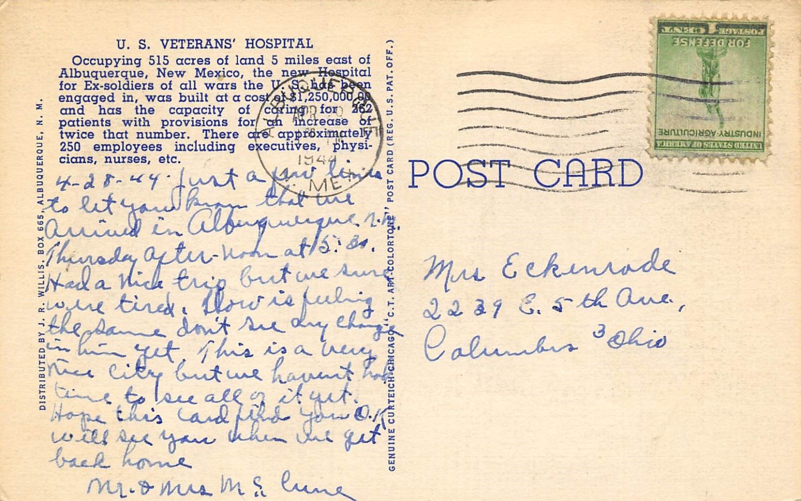 Albuquerque New Mexico 1944 Postcard U.S. Veterans Hospital WWII era ...