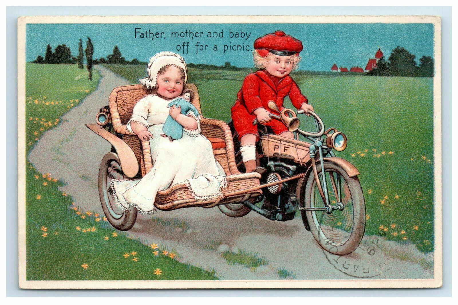 Adorable Father Mother Baby off for Picnic Motorbike Motorcycle Sidecar ...