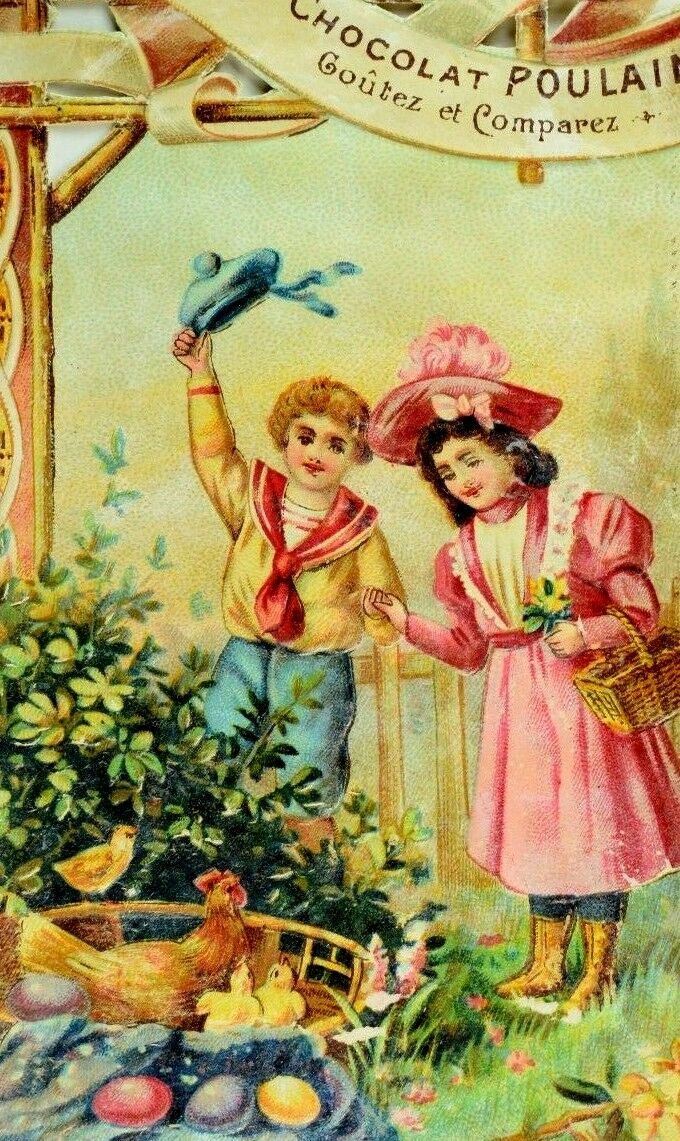 1880's Easter Chicken Chicks Colored Eggs Kids Chocolat Poulain Die Cut ...