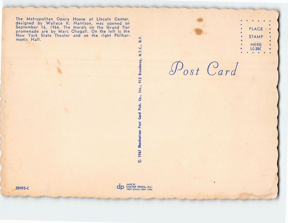 Postcard The Metropolitan Opera House at Lincoln Center, New York City ...