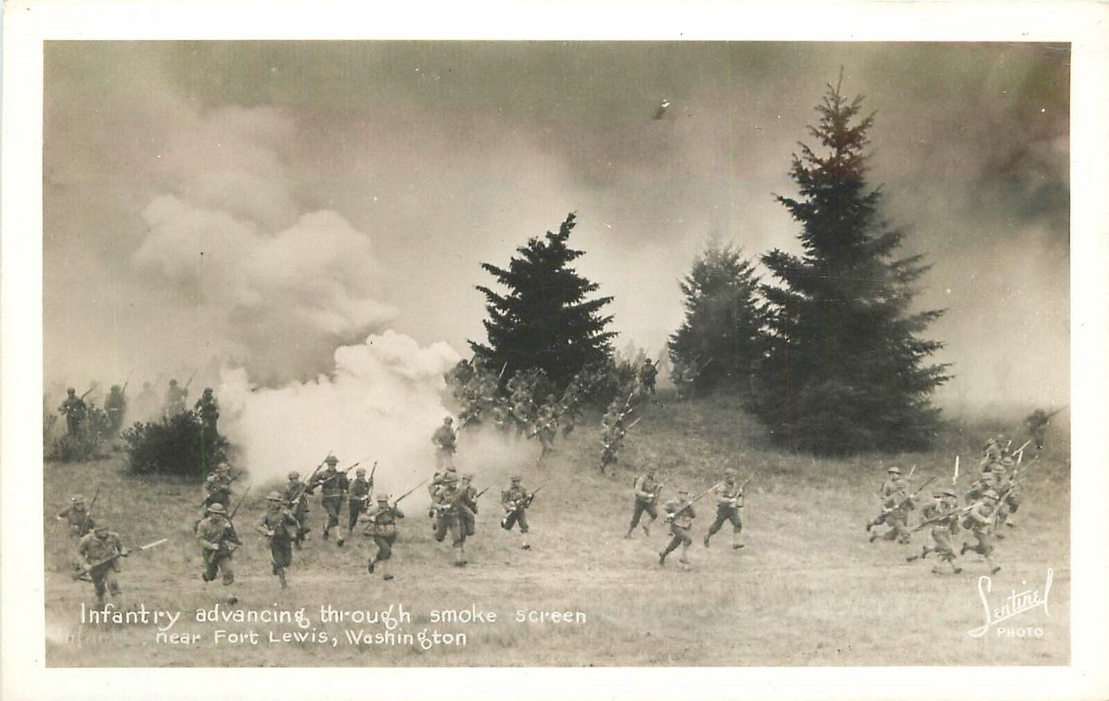 Postcard RPPC Washington Fort Lewis Infantry Advancing Smoke Screen 23 ...