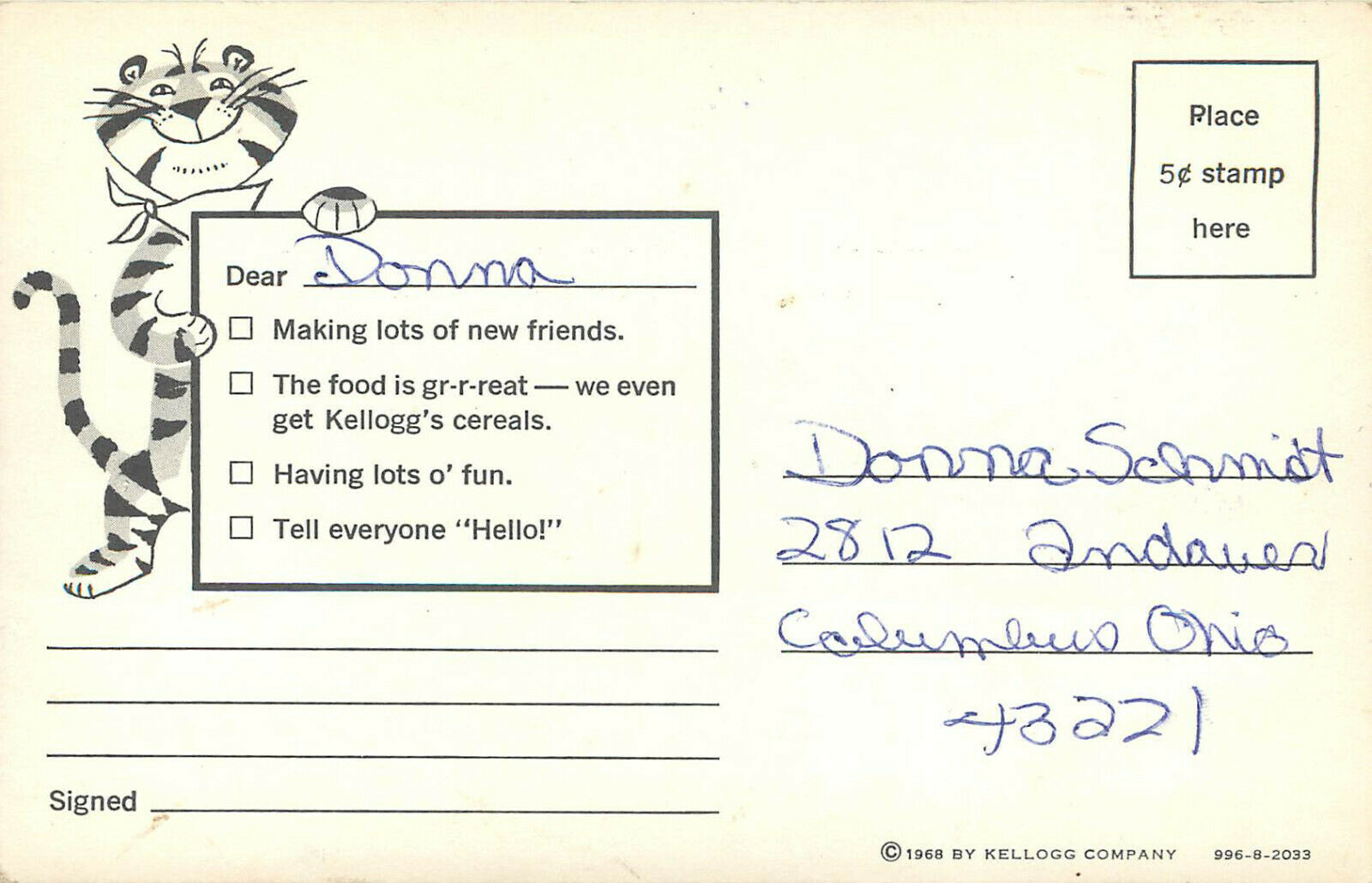 1960's Postcard Tony The Tiger Camps With a Skunk Frosted Flakes ...