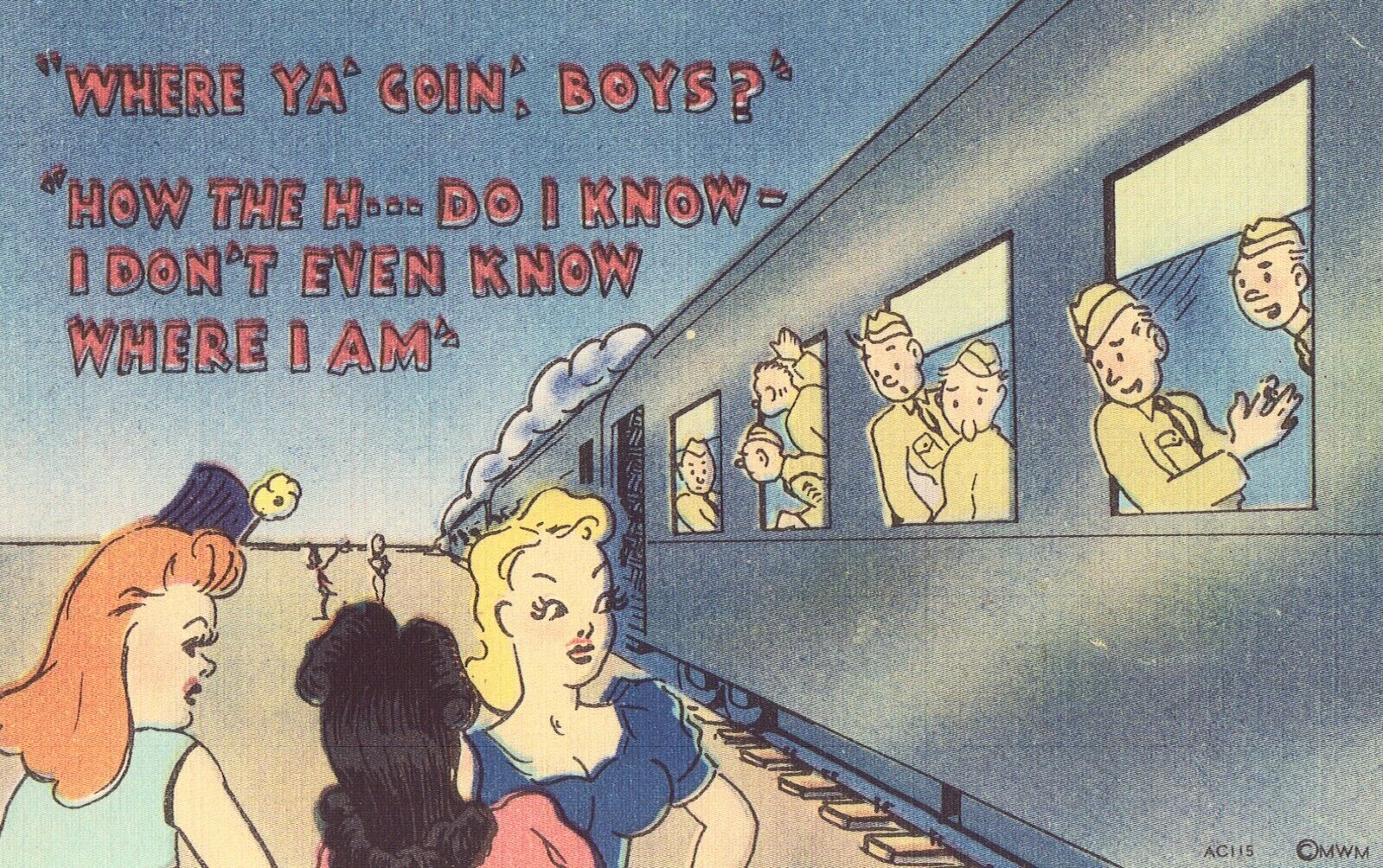 Linen Comic Postcard - Sexy Women, Soldiers on Train, Military Saucy ...