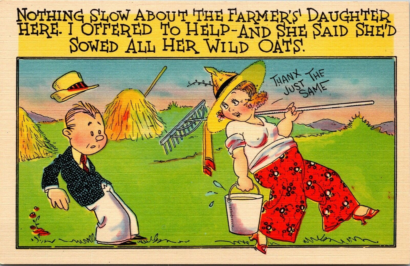 Vtg Comic Risque Humor Farmers Daughter Sowed Her Wild Oats 1930s Linen ...