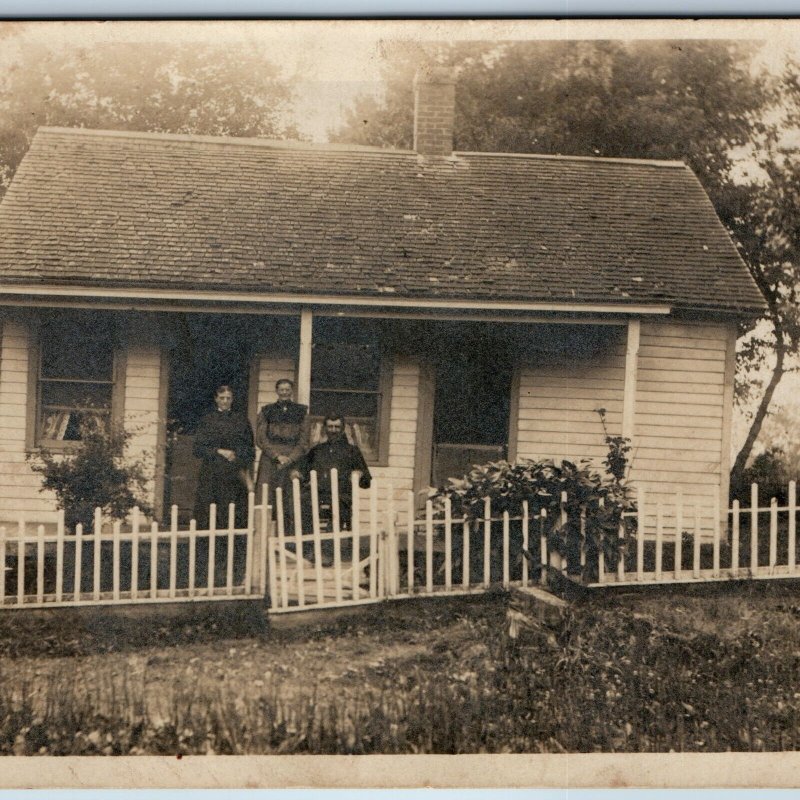 c1910s Family Portrait at Small House RPPC White Picket Fence Real ...