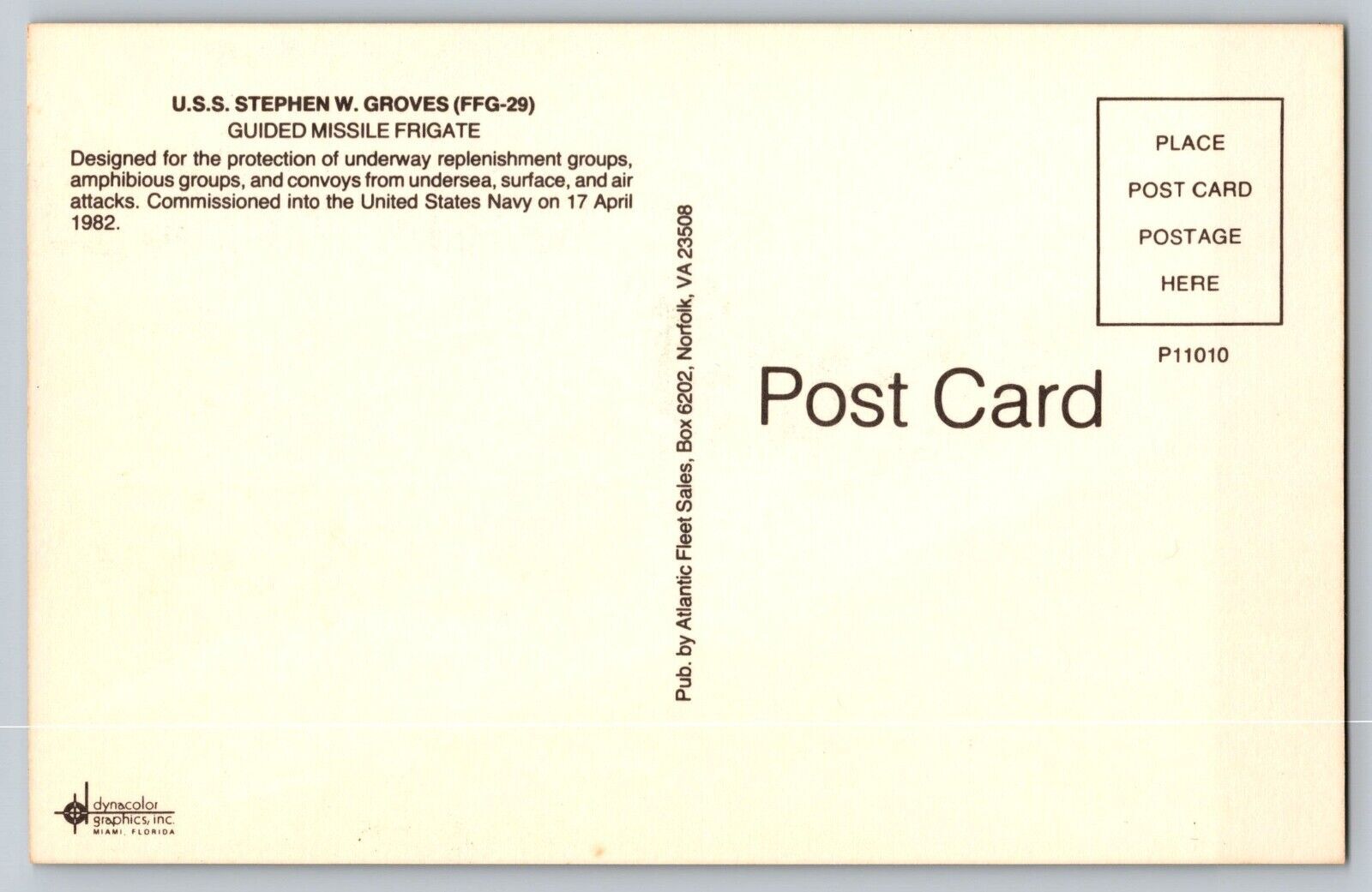 Postcard US Navy Ship - USS Stephen W Groves - FFG-29 - Guided Missile ...