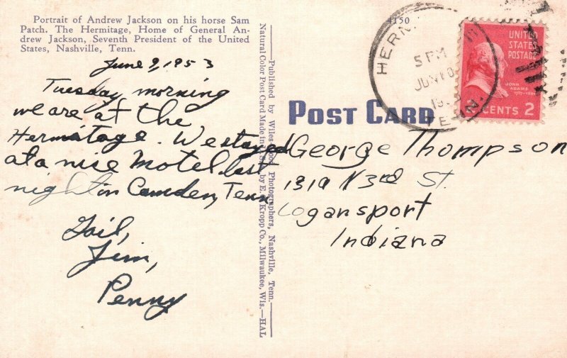 Vintage Postcard Portrait Of Andrew Jackson On His Horse Sam Patch ...