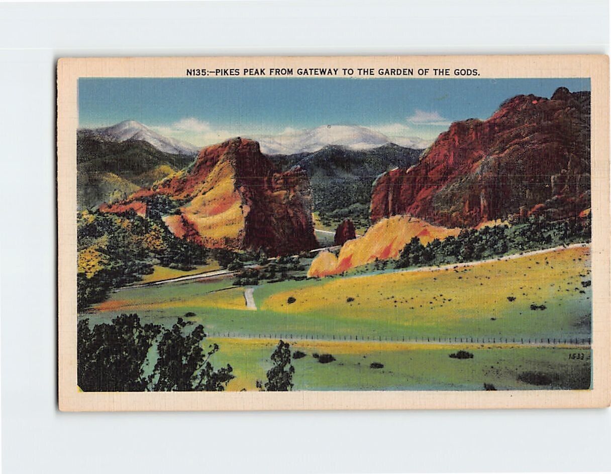 Postcard Pikes Peak From Gateway To The Garden Of The Gods, Colorado ...
