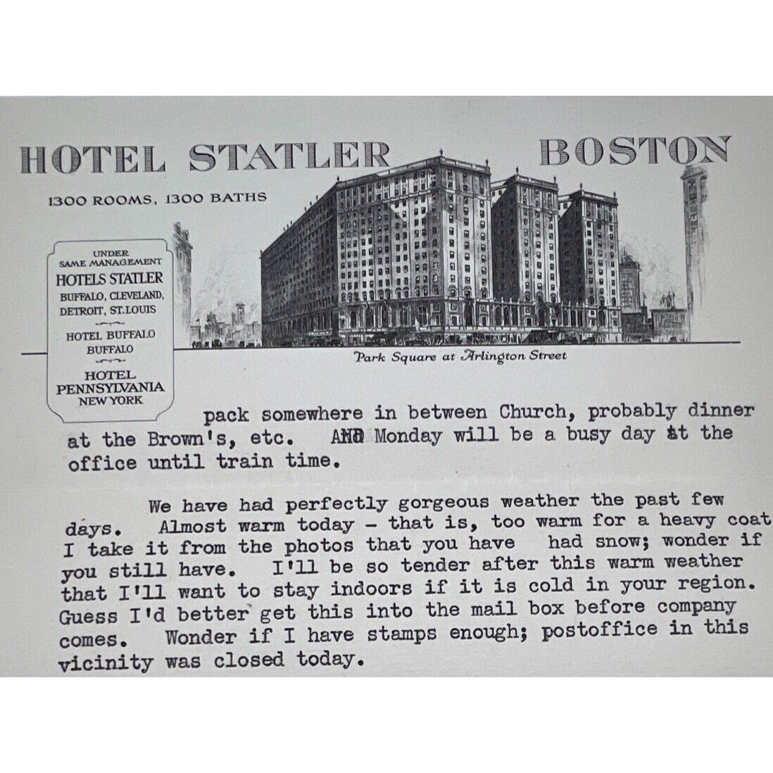 Antique Letterhead - HOTEL STATLER - Boston, Massachusetts ...