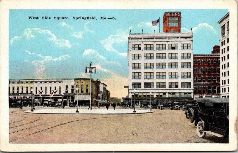 Vintage Postcard MO Springfield West Side Square Old Cars Street Lamps ...