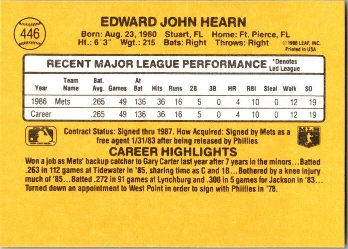 1987 Donruss Baseball Card Ed Hearn New York Mets sk20353 | Topics ...