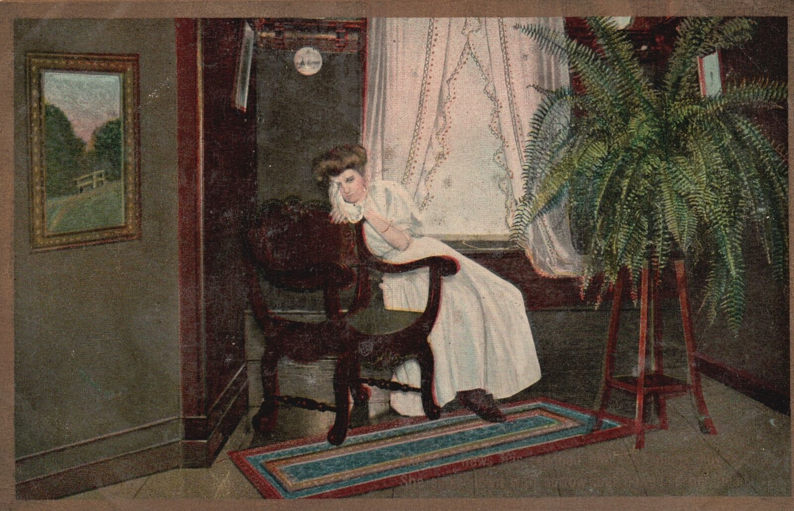 Vintage Postcard 1910's Beautiful Sad Girl in White Dress Sitting Alone ...