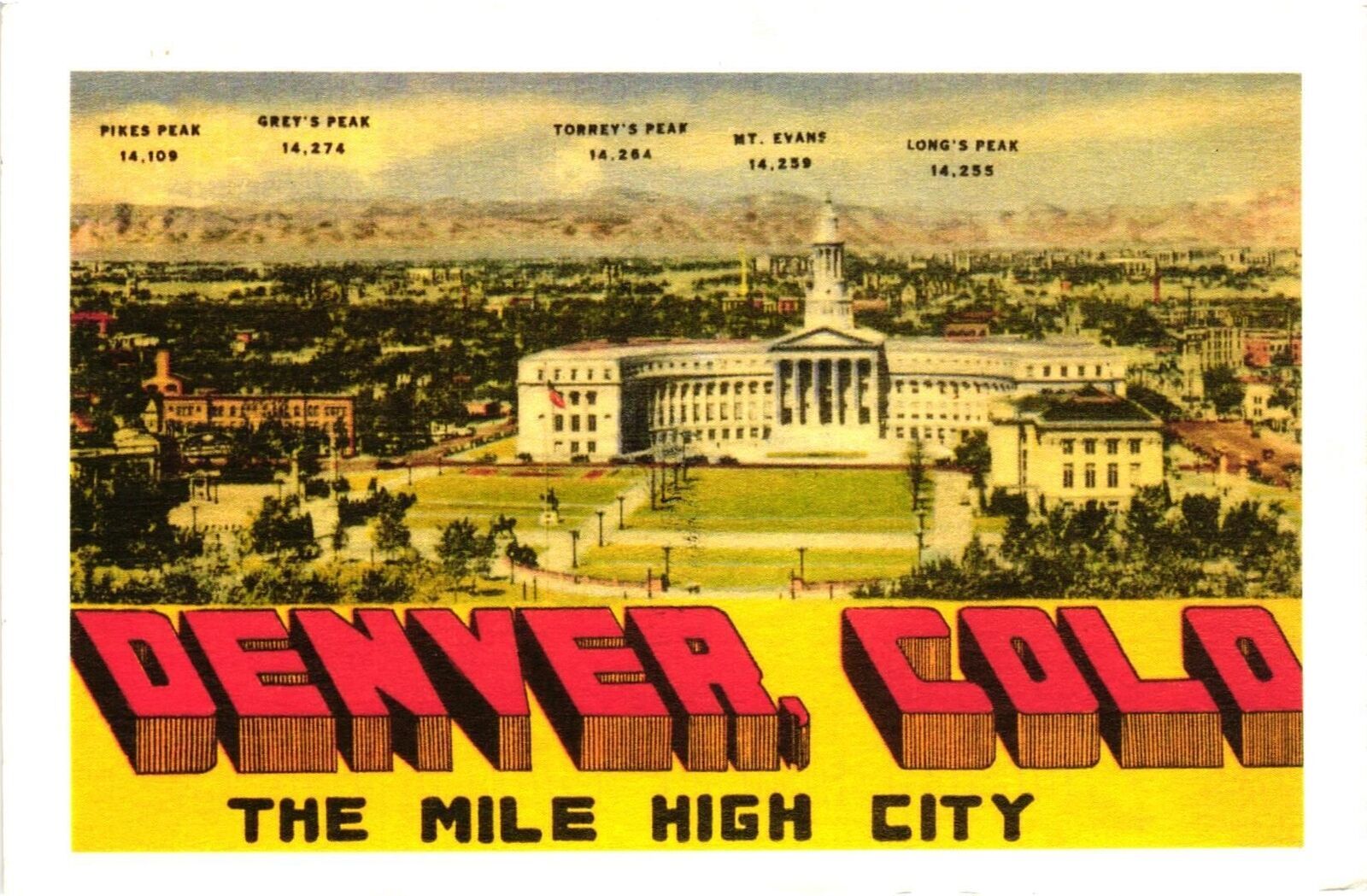 Vintage Postcard- 1940s Linen Aerial Large Letters Mile High Denver CO ...