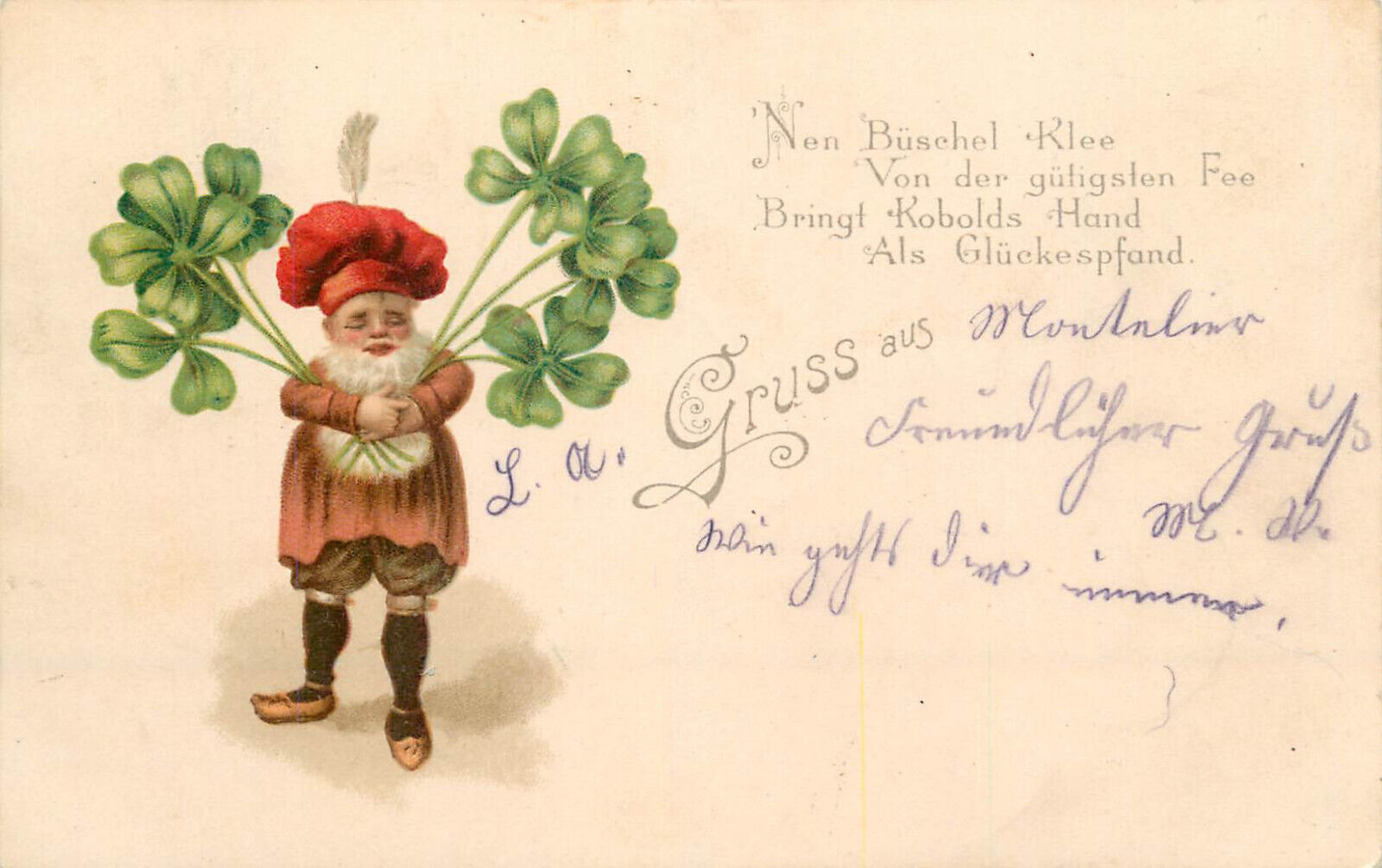Gruss aus 1900 Litho drawn dwarf gnome with luck shamrocks greetings ...