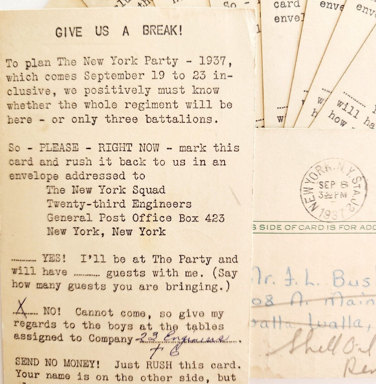 New York Times Square Engineer Party Invitation 1937 Lot Of 11 ...