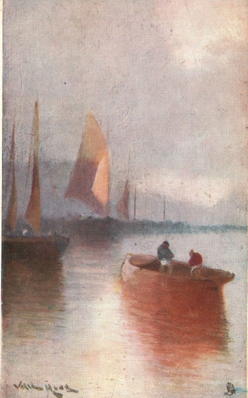 Vintage Postcard Evening Glow The Ferry Painting By Prof. Van Hier ...