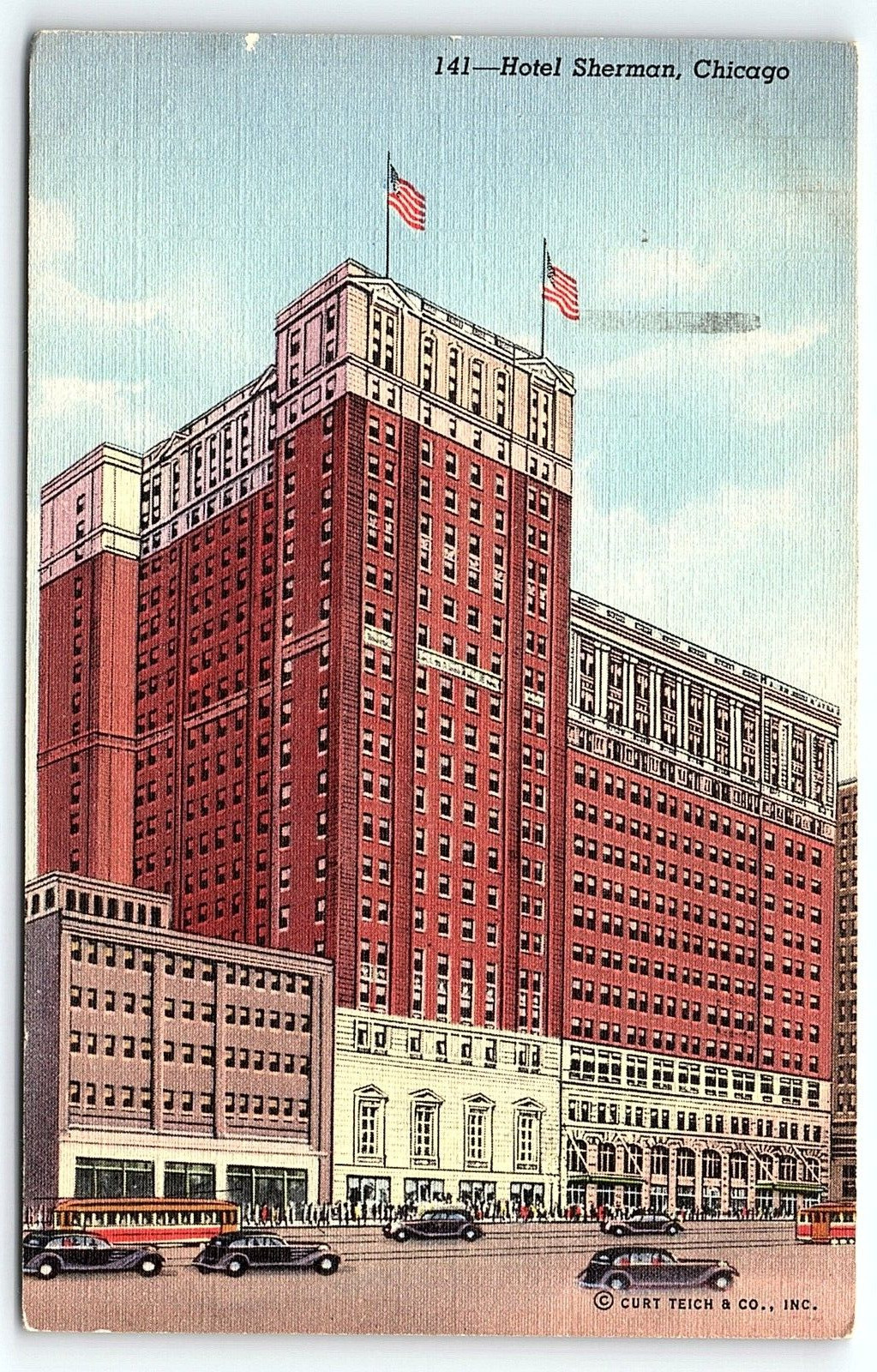 1930s Chicago ILL Hotel Sherman Street View OLD Cars Trolley Postcard ...