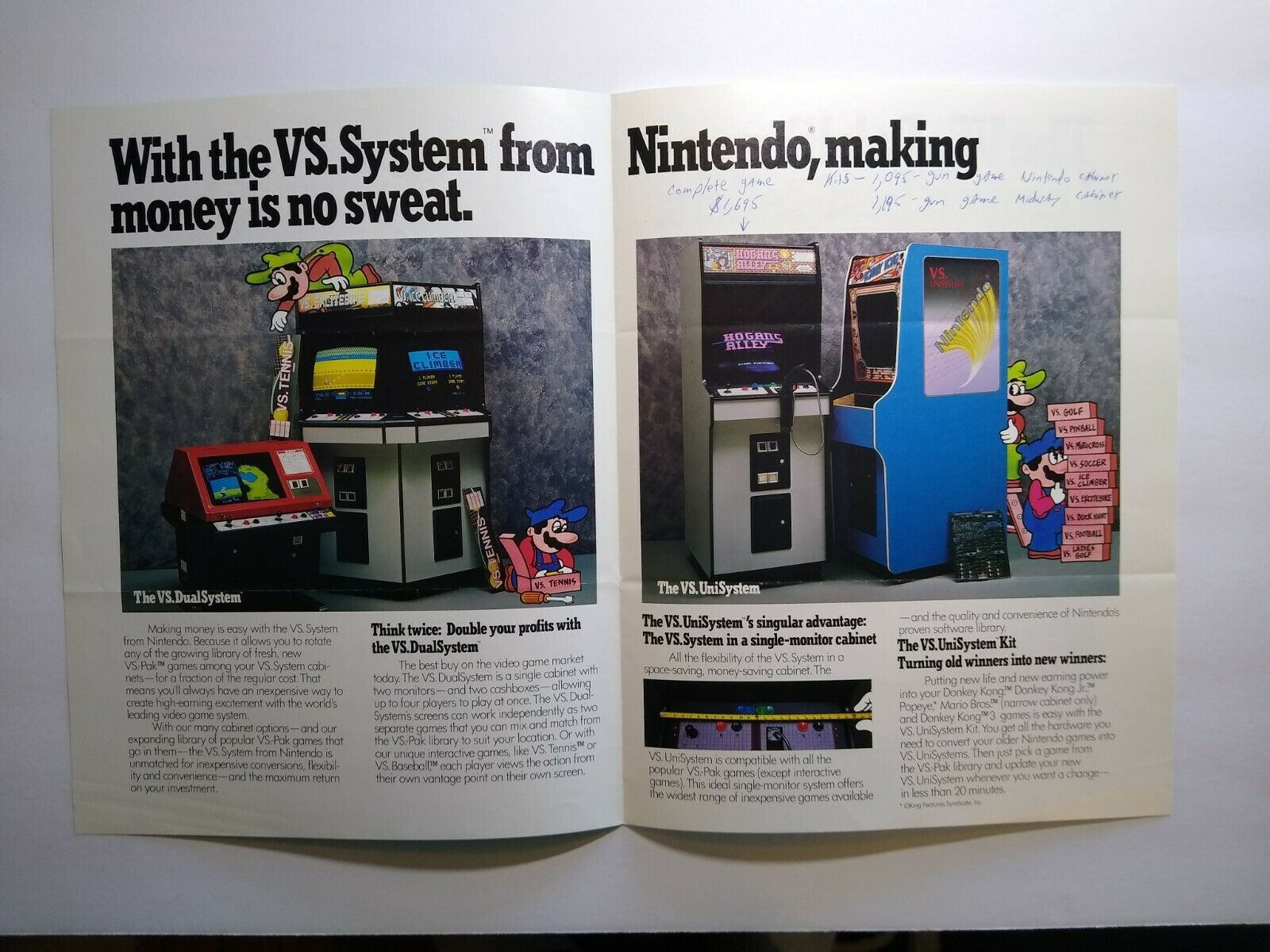 Nintendo VS System Arcade FLYER Foldout Brochure Donkey Kong Conversion ...