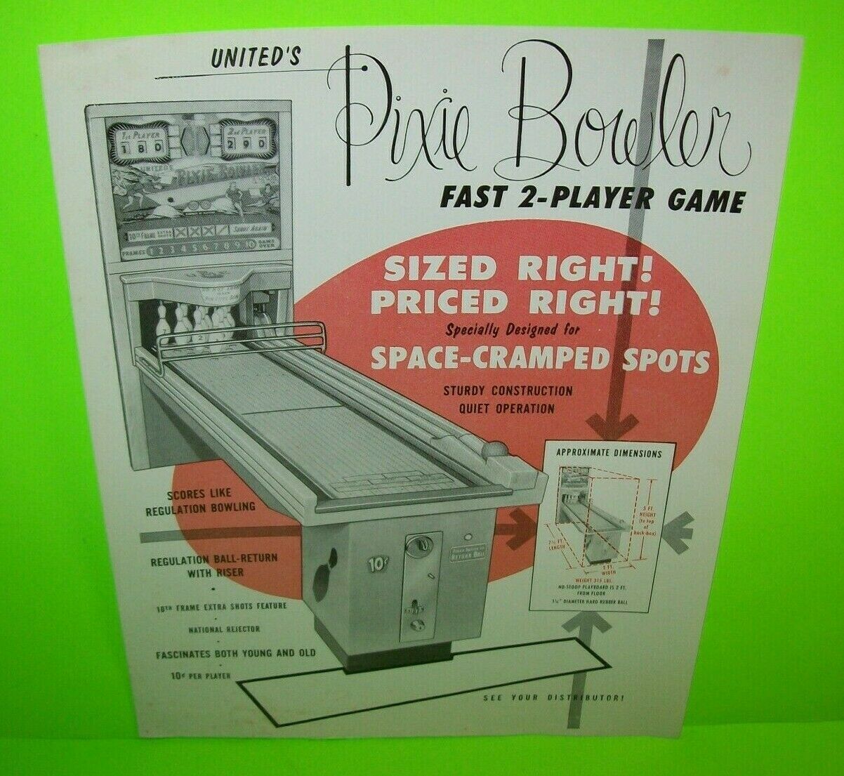 Pixie Bowler Shuffle Alley Arcade Game FLYER United 1958 Original ...