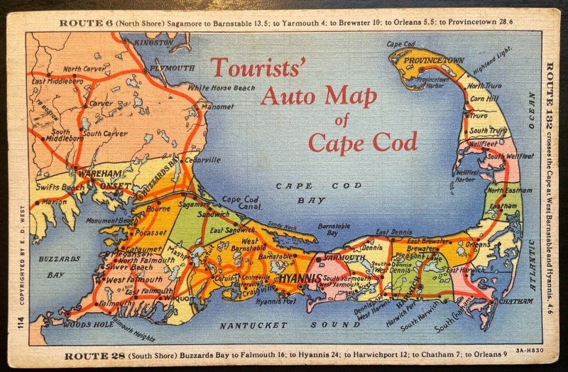 Vintage Postcard 1936 Tourists' Auto Map of Cape Cod Massachusetts ...