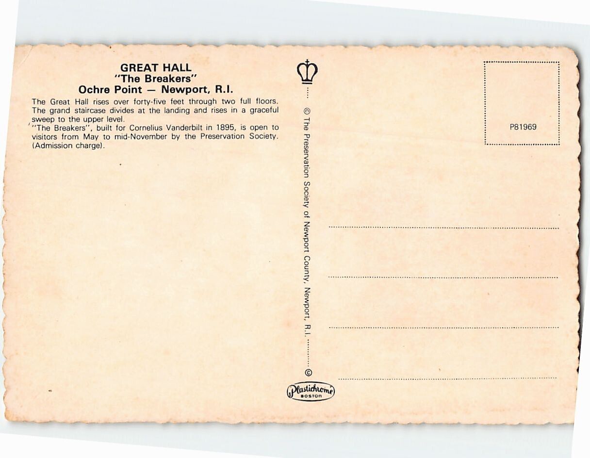 Postcard Great Hall, "The Breakers", Ochre Point, Newport, Rhode Island ...