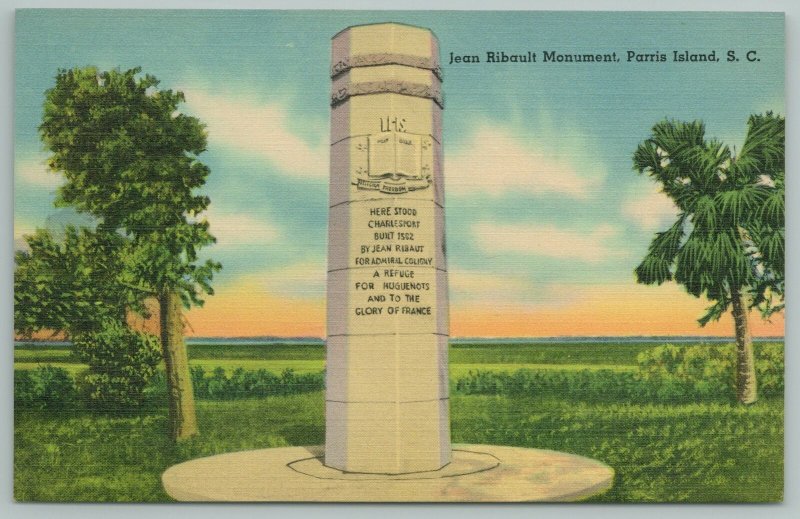 Parris Island South CarolinaJean Ribault Monument Statue1940s Linen ...