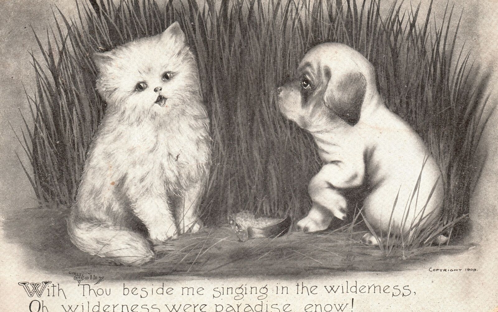 Vintage Postcard 1910 Cute Kitten & Puppy Beside Me Singing in ...