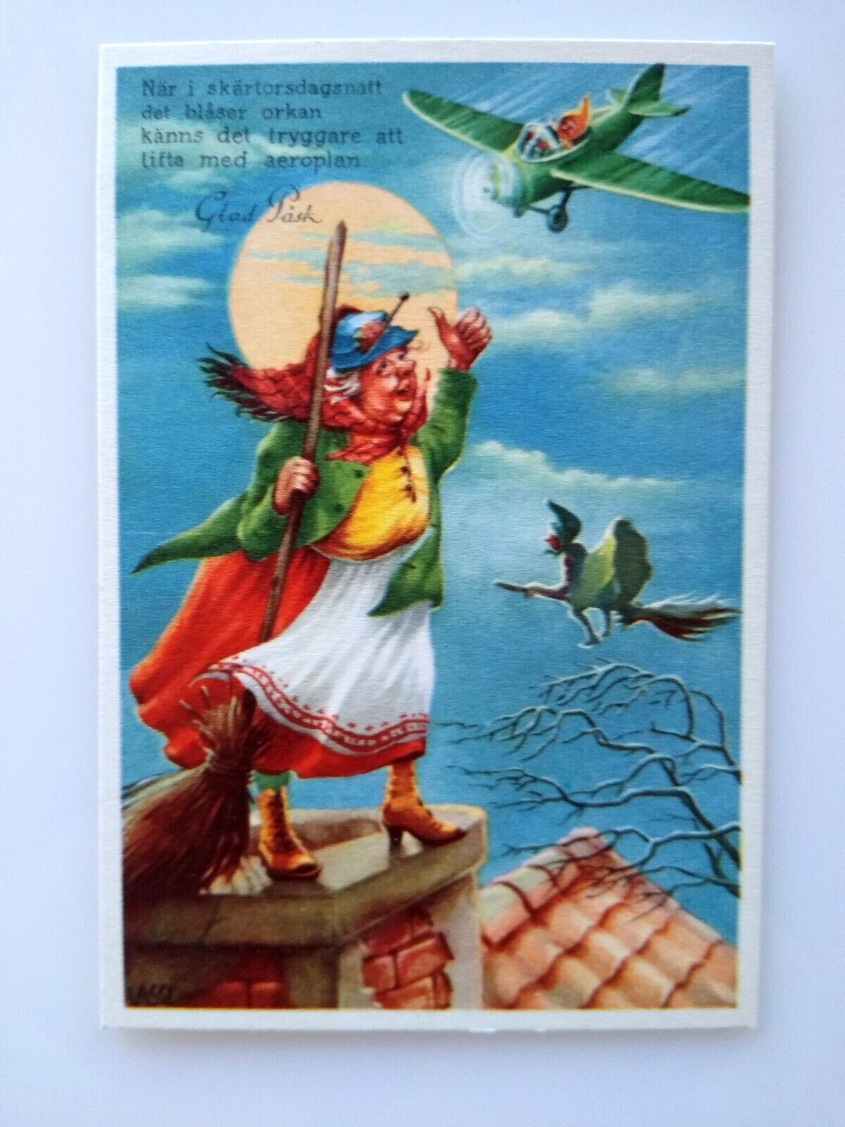 Easter Witch Postcard Fantasy Glad Pask Riding Broom Airplane Full Moon ...