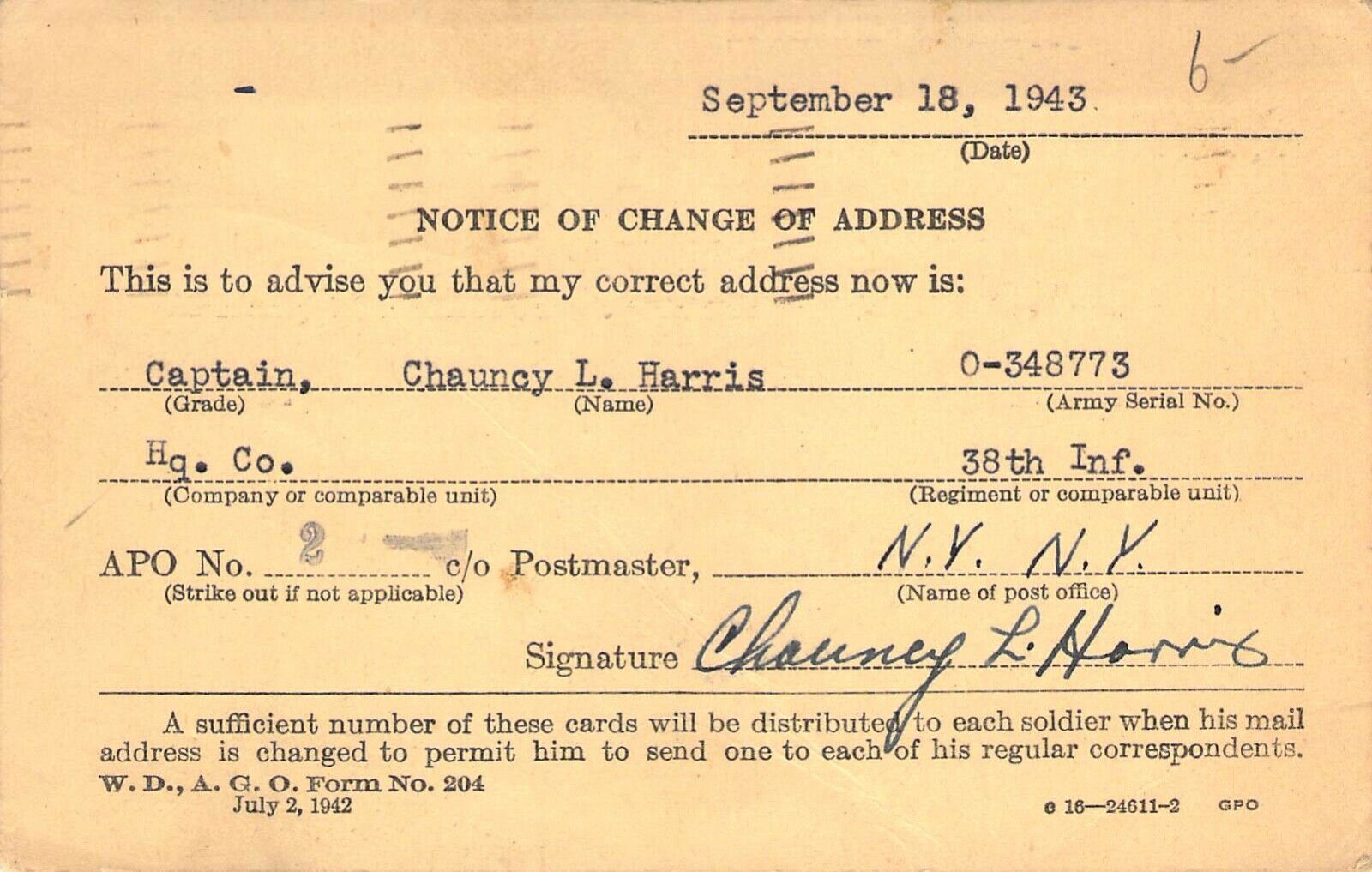 WW2, Official Army Address Change, 1943, Chauncy Harris, to Dallas Old ...