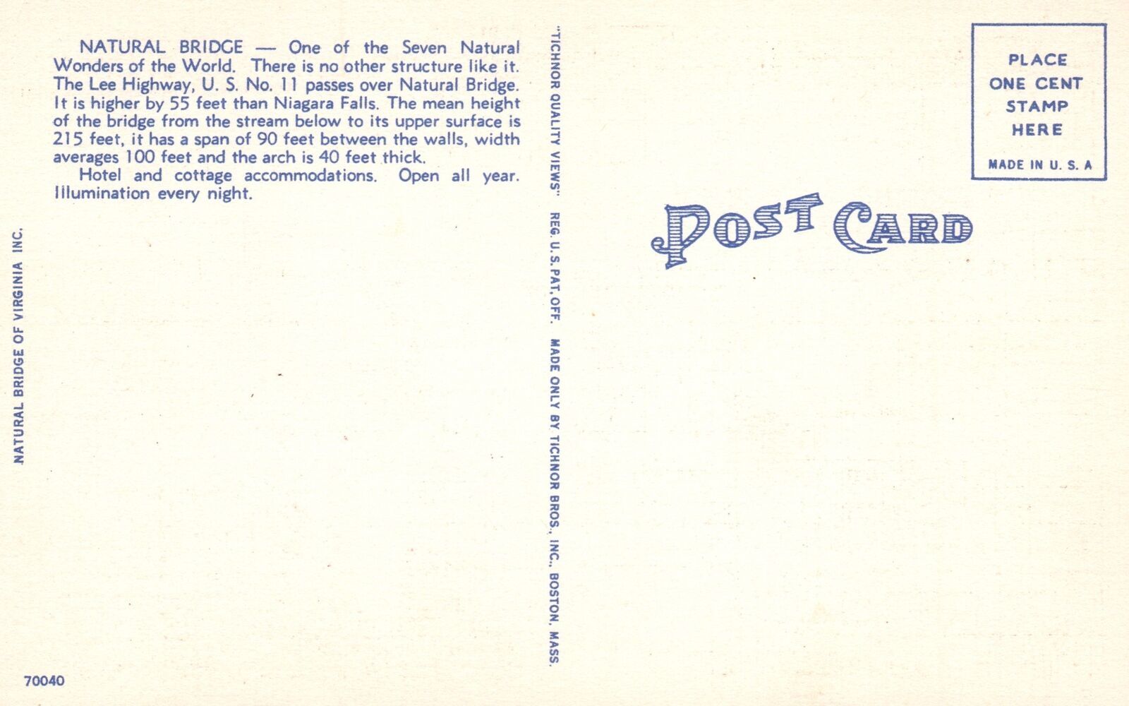 Vintage Postcard Natural Bridge One Of The Seven Natural Wonders Of The ...