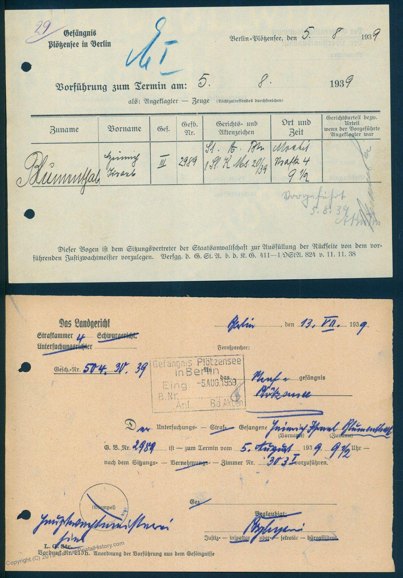 Germany 1939 Jewish Prisoner Berlin Moabit Plotzensee Prison Documents ...