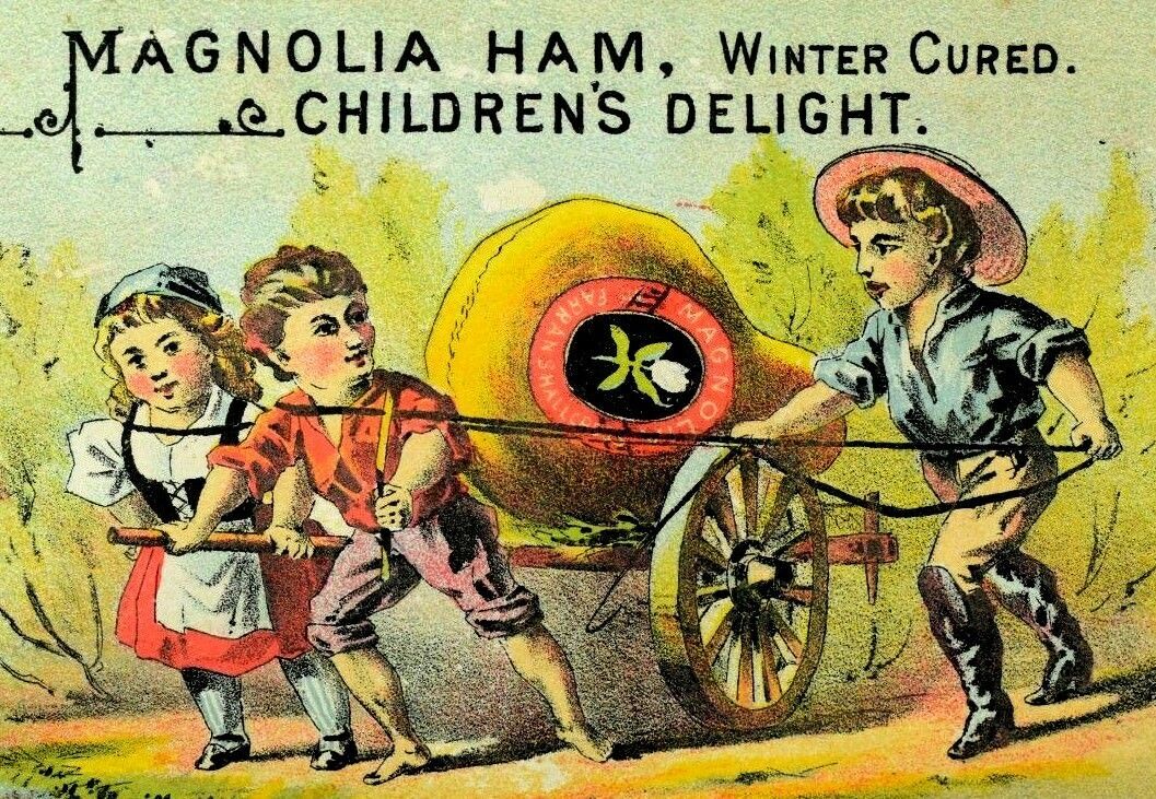 1878 Kids Pulling Giant Magnolia Ham, McFerran, Shallcross & Co Trade ...