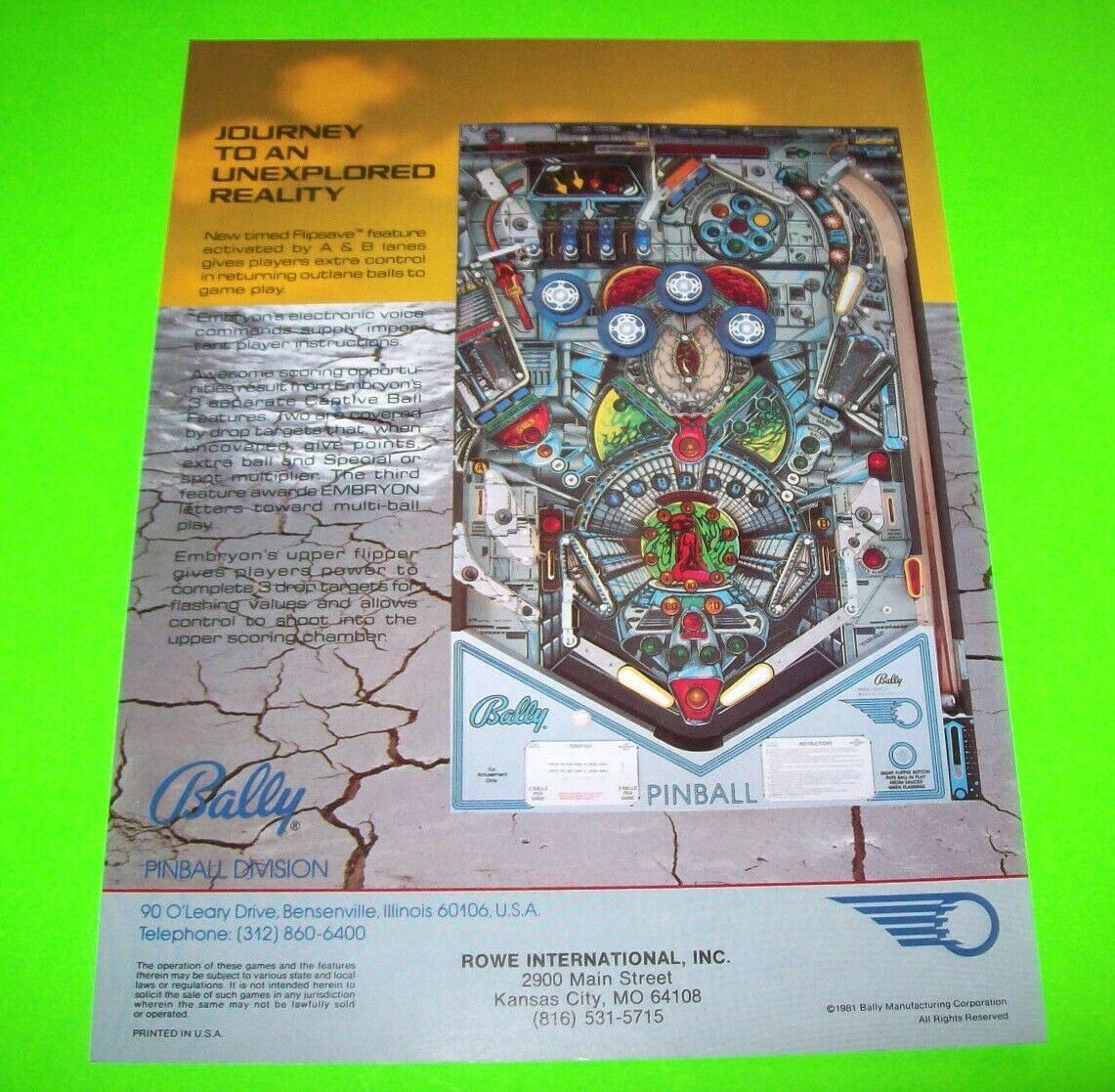Bally Embryon Pinball FLYER Original NOS 1981 Game Artwork Sheet Space ...