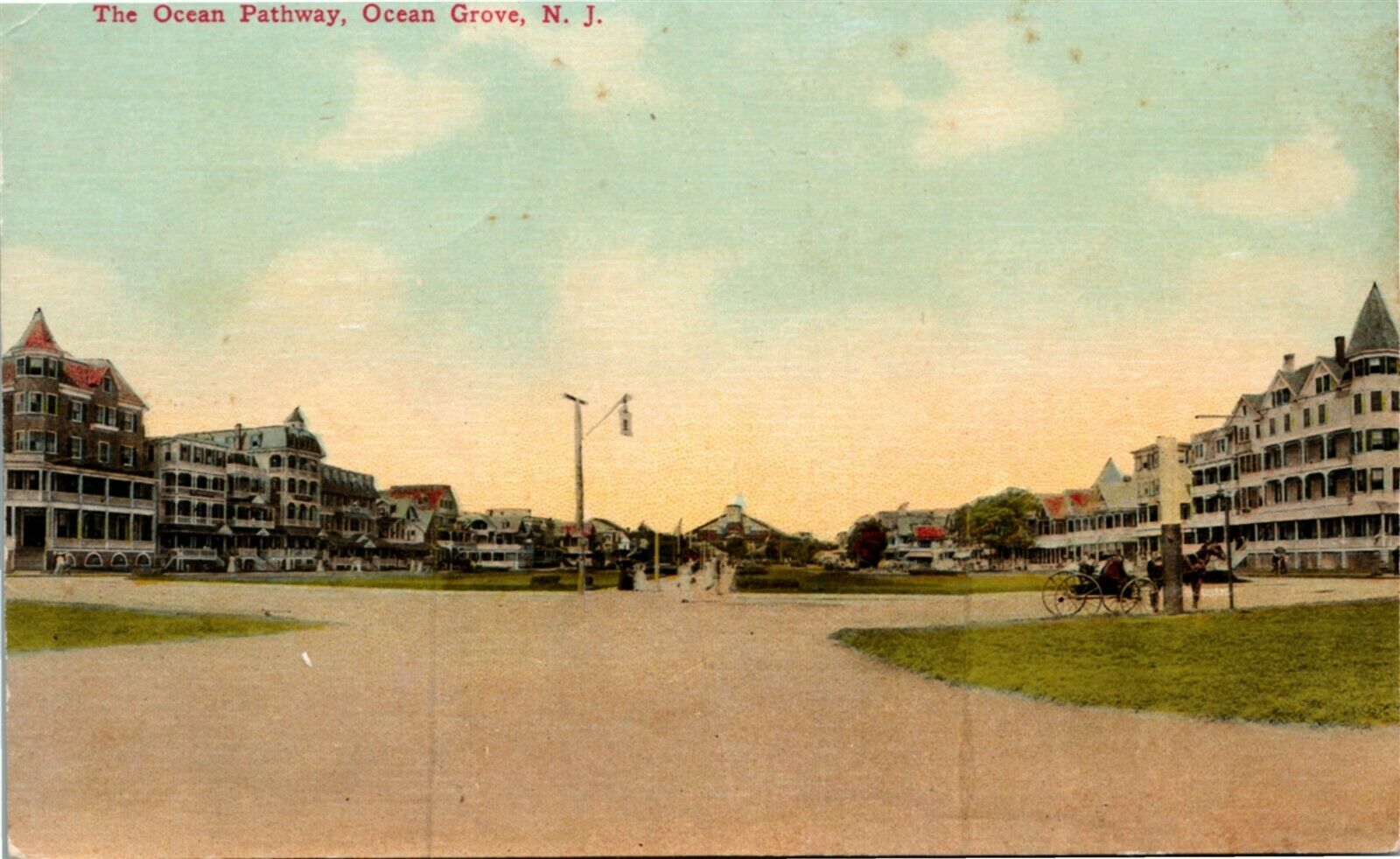 Postcard NJ Ocean Grove The Ocean Pathway Street Lamp Carriage Hotels ...