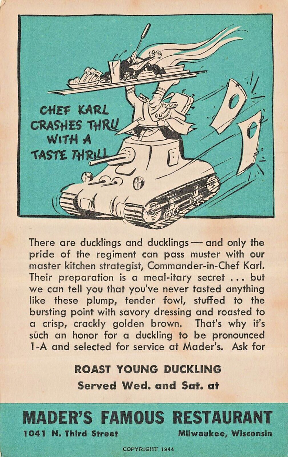 MILWAUKEE Wisconsin~"MADER'S FAMOUS RESTAURANT"-Chef in Tank-WW2 Era ...