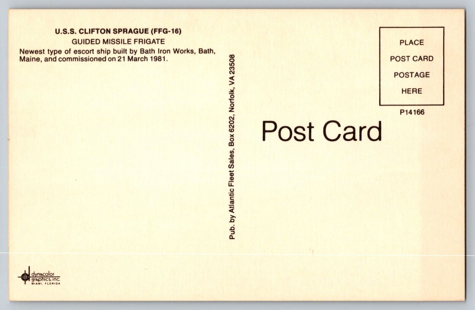 Postcard US Navy Ship - USS Clifton Sprague - FFG-16 - Guided Missile ...